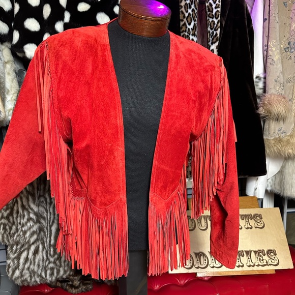 Cache | Jackets & Coats | Cach 8s Vintage Red Suede Leather Fringe Open ...